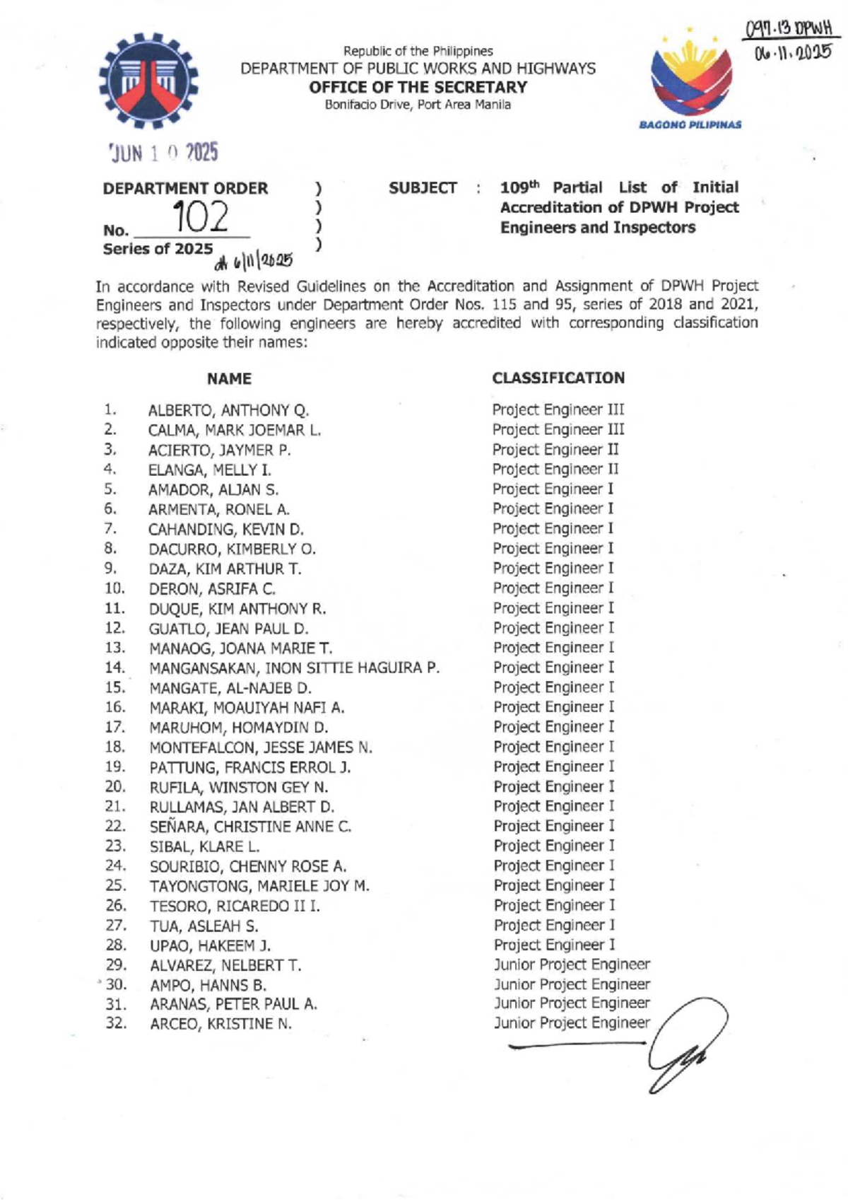 Department Order No. 102 s. 2025: 109th Accreditation List of DPWH ...
