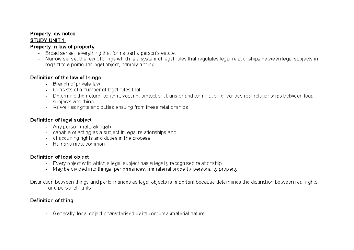 Property law notes - Property law notes STUDY UNIT 1 Property in law of ...