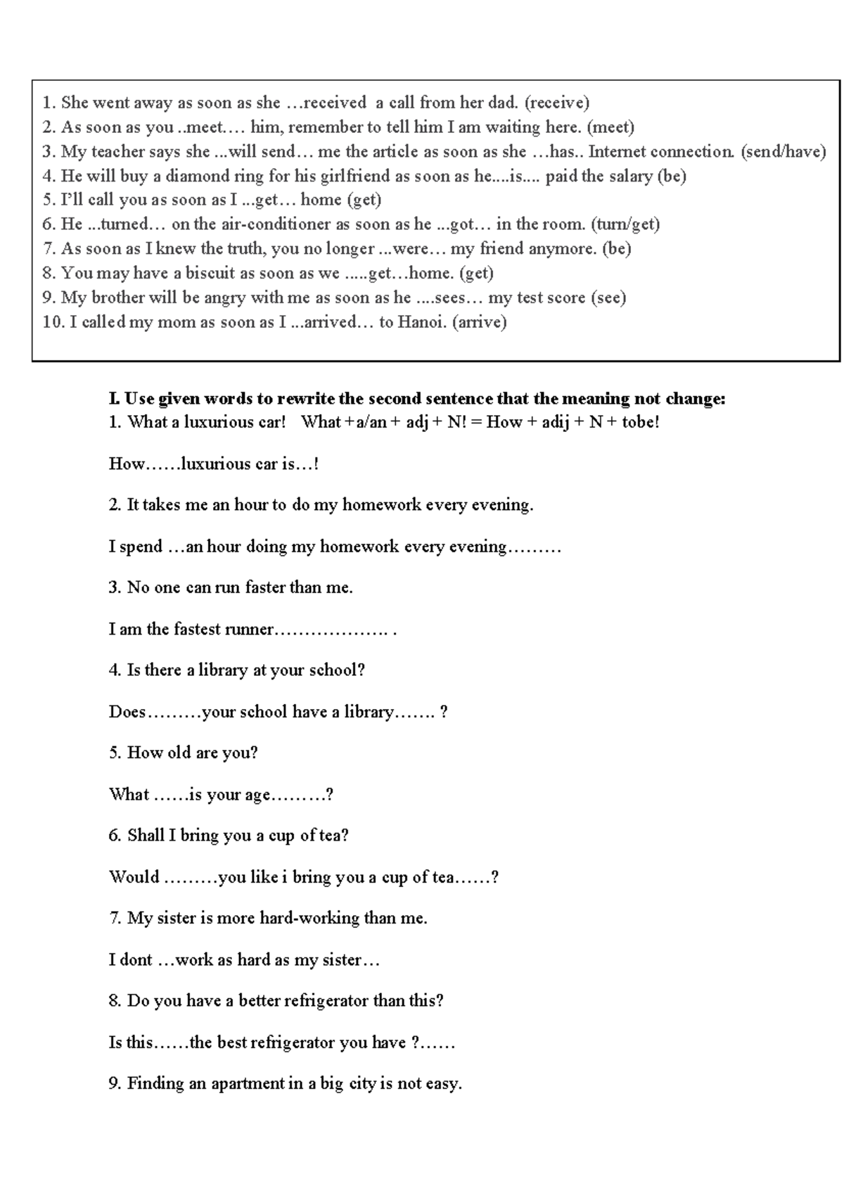 As Soon As: Sentence Rewriting and Practice Exercises - Studocu