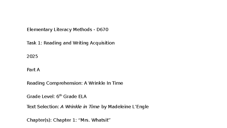D670 - Task 1: A Wrinkle in Time Reading Comprehension for 6th Grade ...