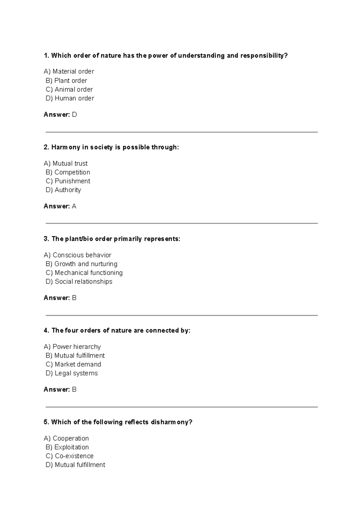 UHV Practice Questions for Module 4: Understanding Harmony in Nature ...