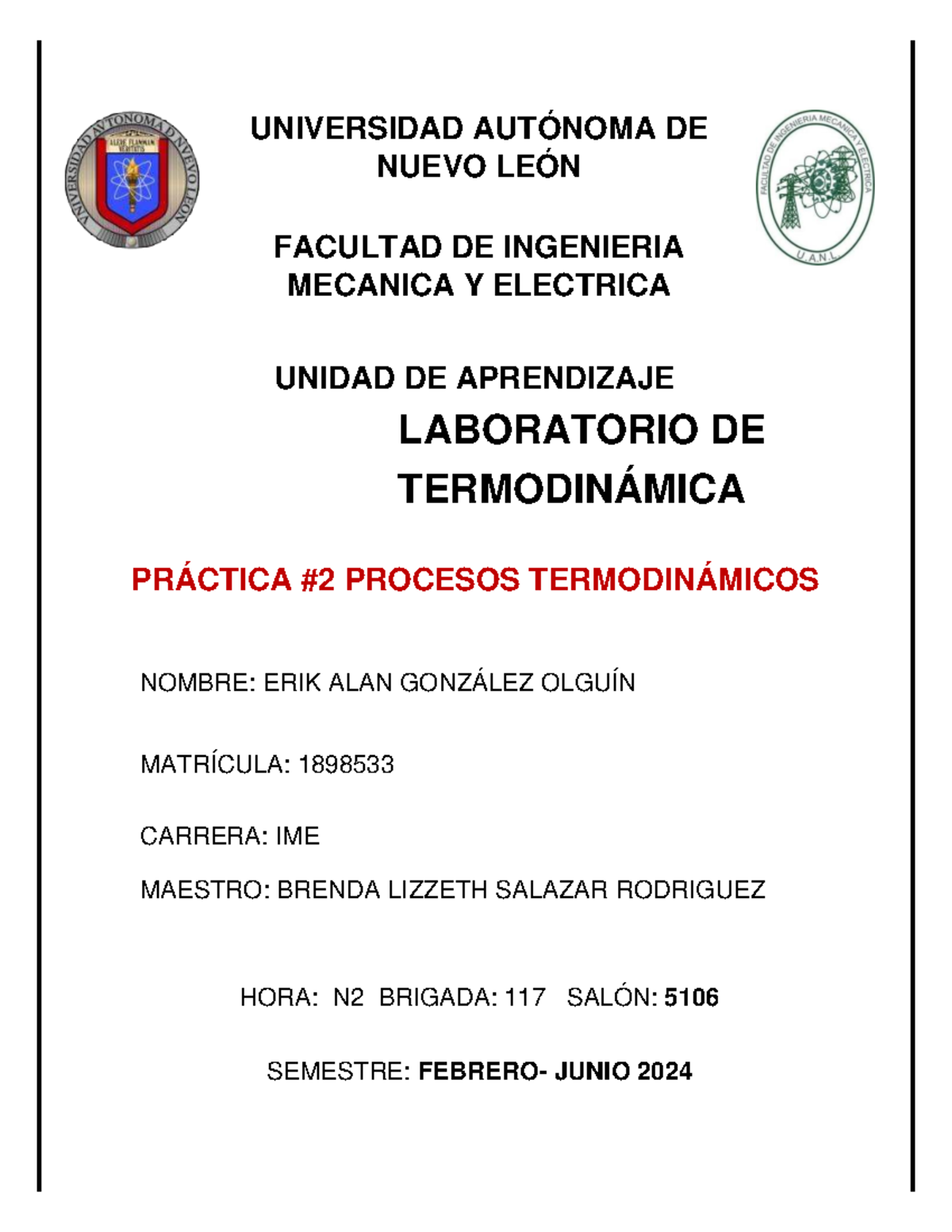 Práctica 2 lab termodinámica - Termodinámica De Gases Y Vapores Y Laboratorio - UNIVERSIDAD ...