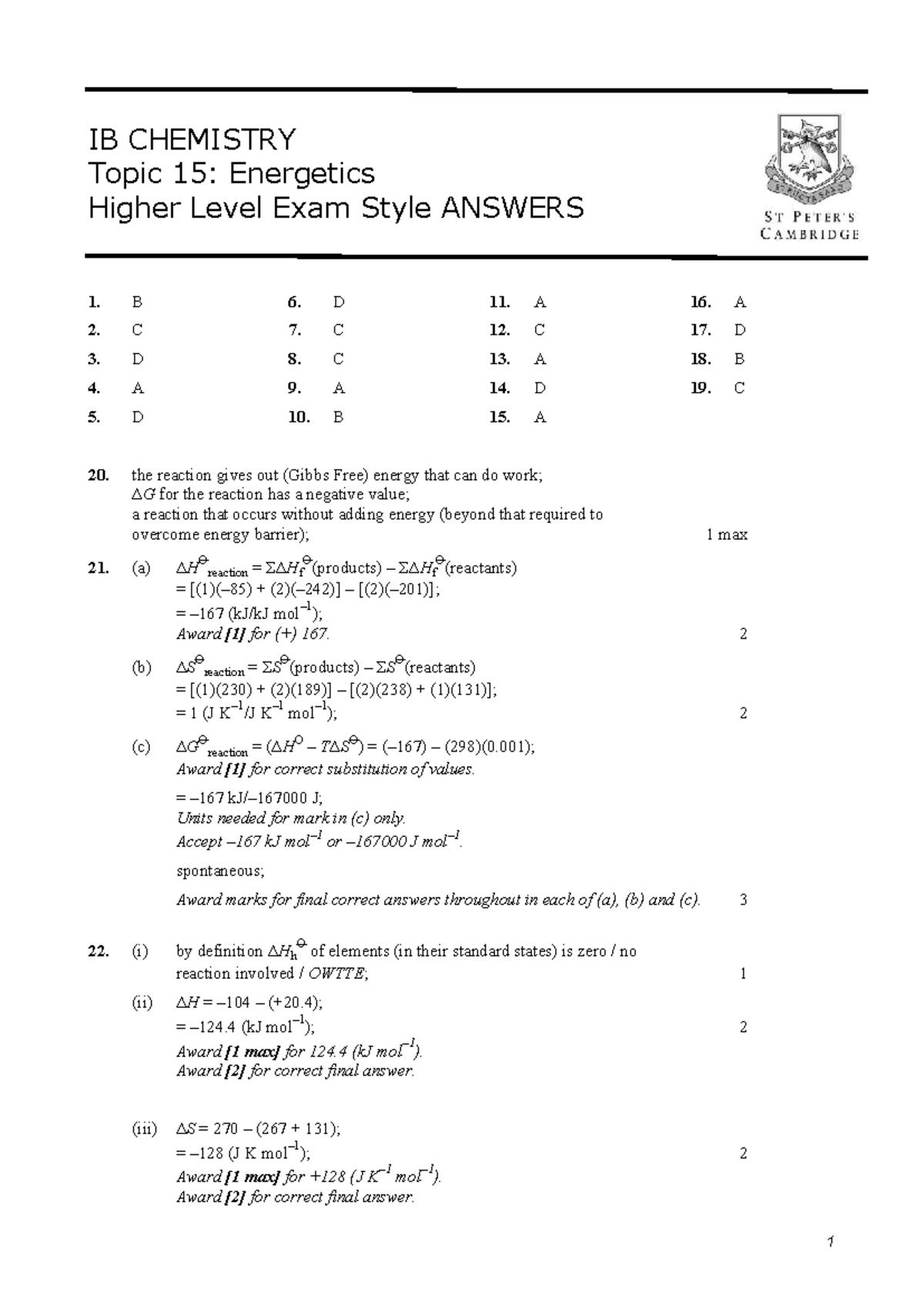IB CHEMISTRY Topic 15: Energetics HL Exam Style Answers and Solutions ...
