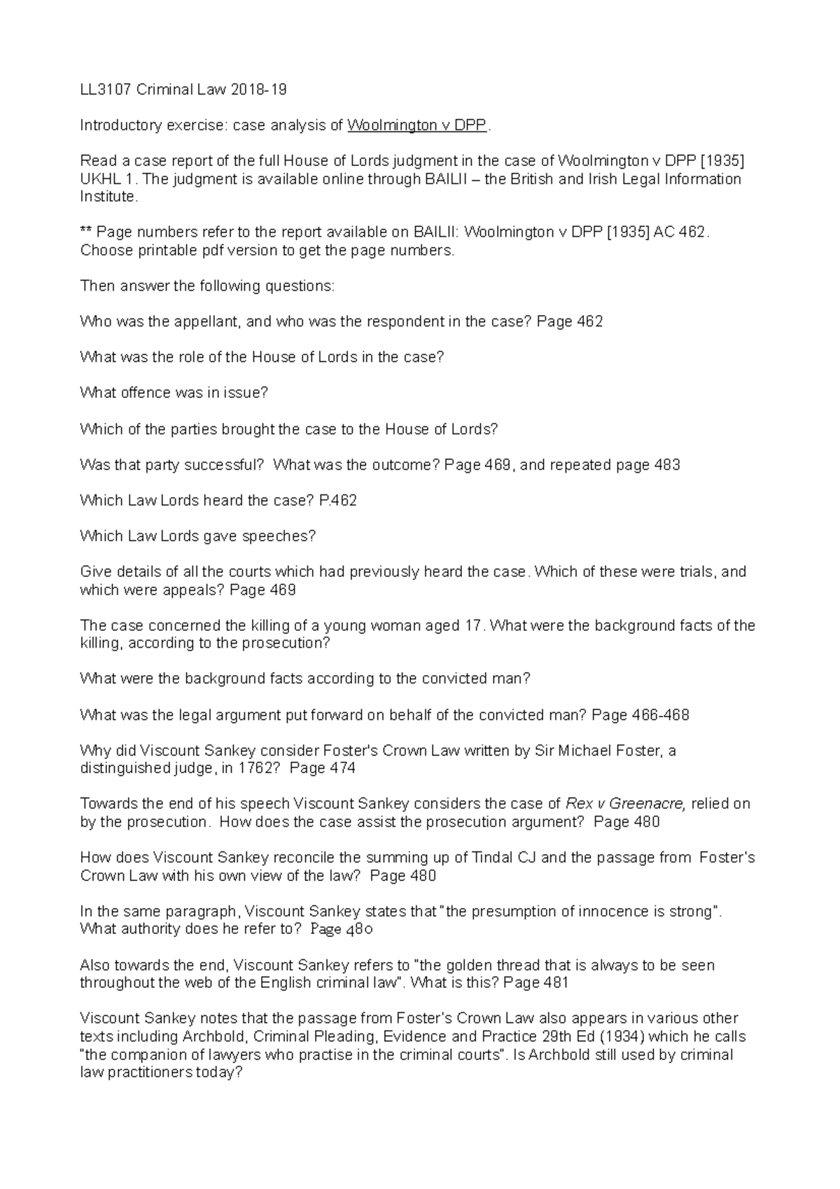 LL3107 Criminal Law 2018 – Case Analysis of Woolmington v DPP - Studocu