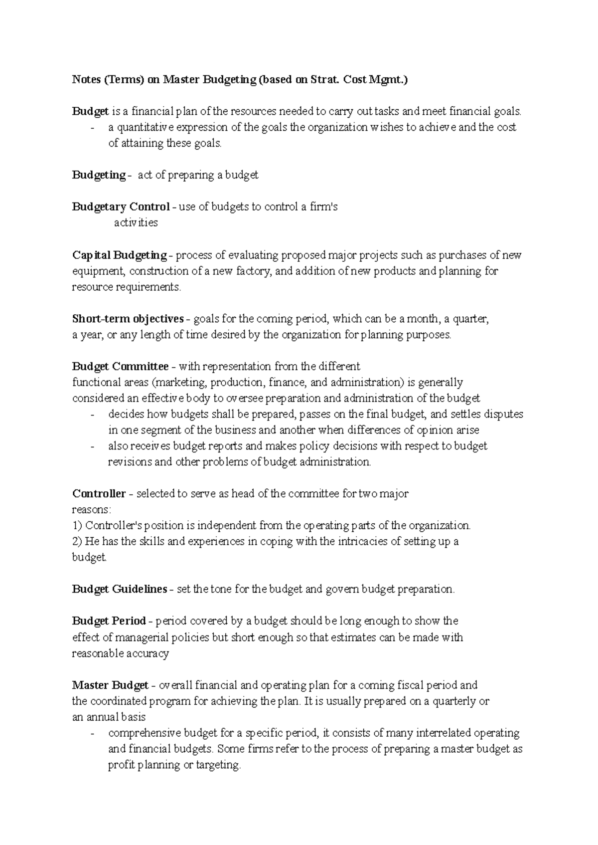 Master Budgeting Terms Notes for Strat. Cost Mgmt. Course - Studocu