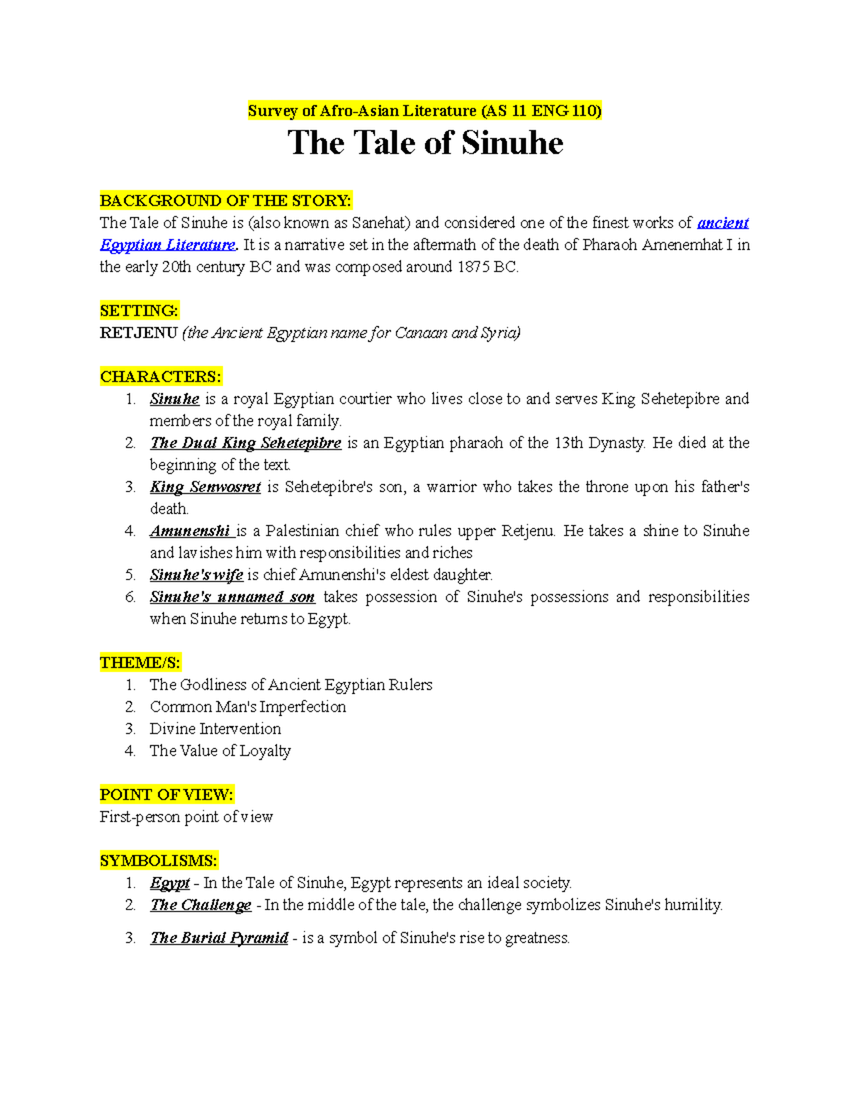The Tale of Sinuhe: Insights and Analysis (AS 11 ENG 110) - Studocu