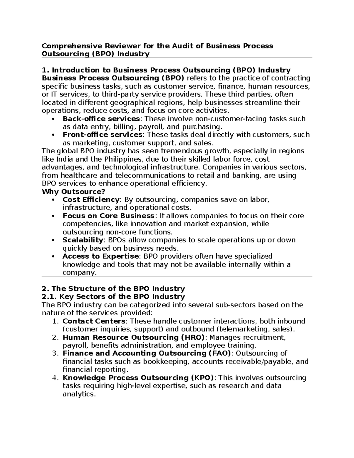 Audit & Review of BPO Industry Operations: Insights & Challenges - Studocu