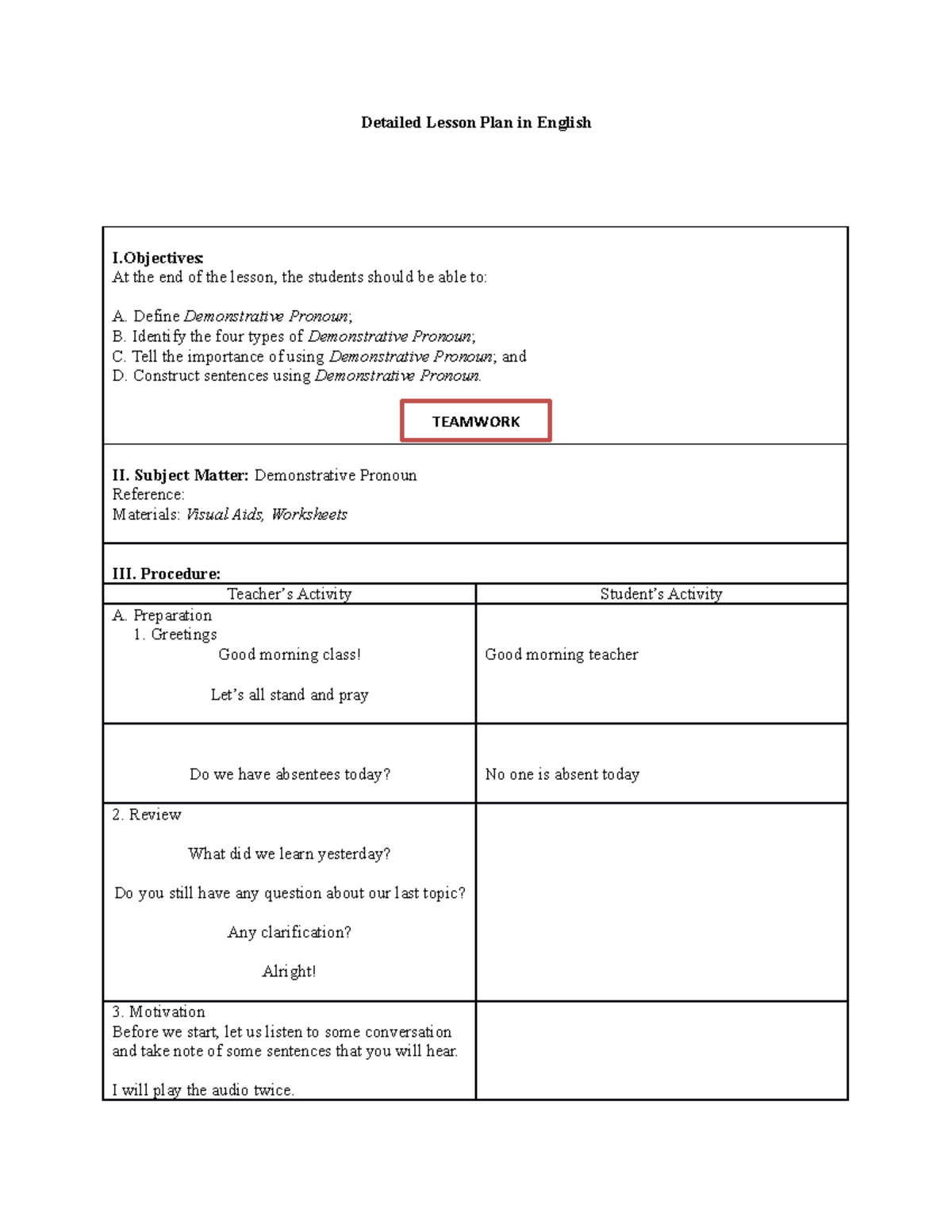 Detailed Lesson Plan Eng - Define B. Identify the four types of ...
