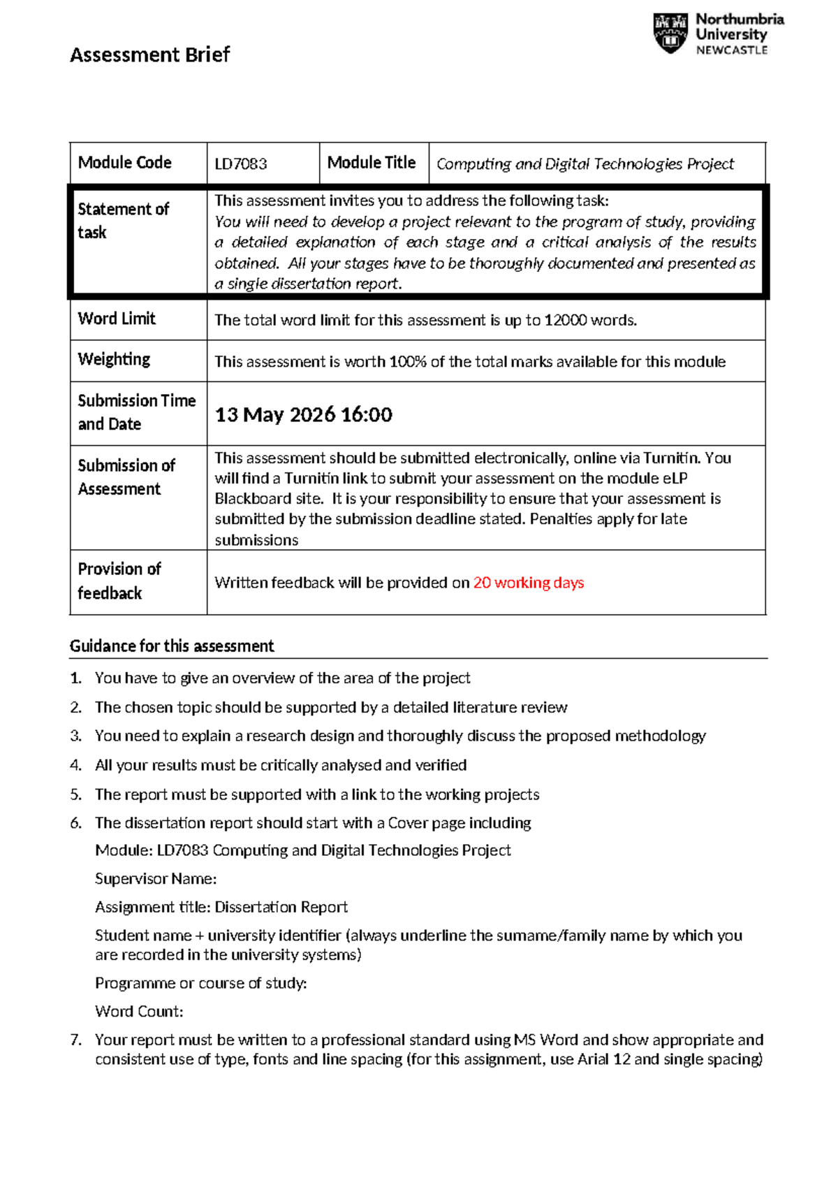 Dissertation Report Guidelines for LD7083 Computing Project - Studocu