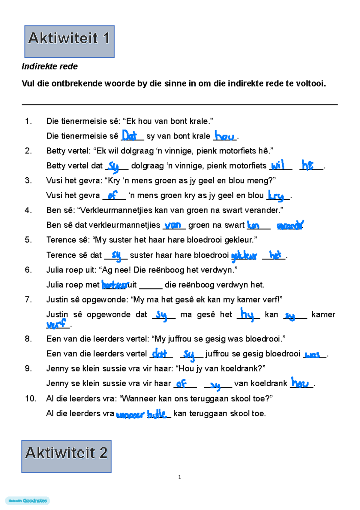 Indirekte Rede Oefeninge 3 - Aanlyn Klasse - Studocu