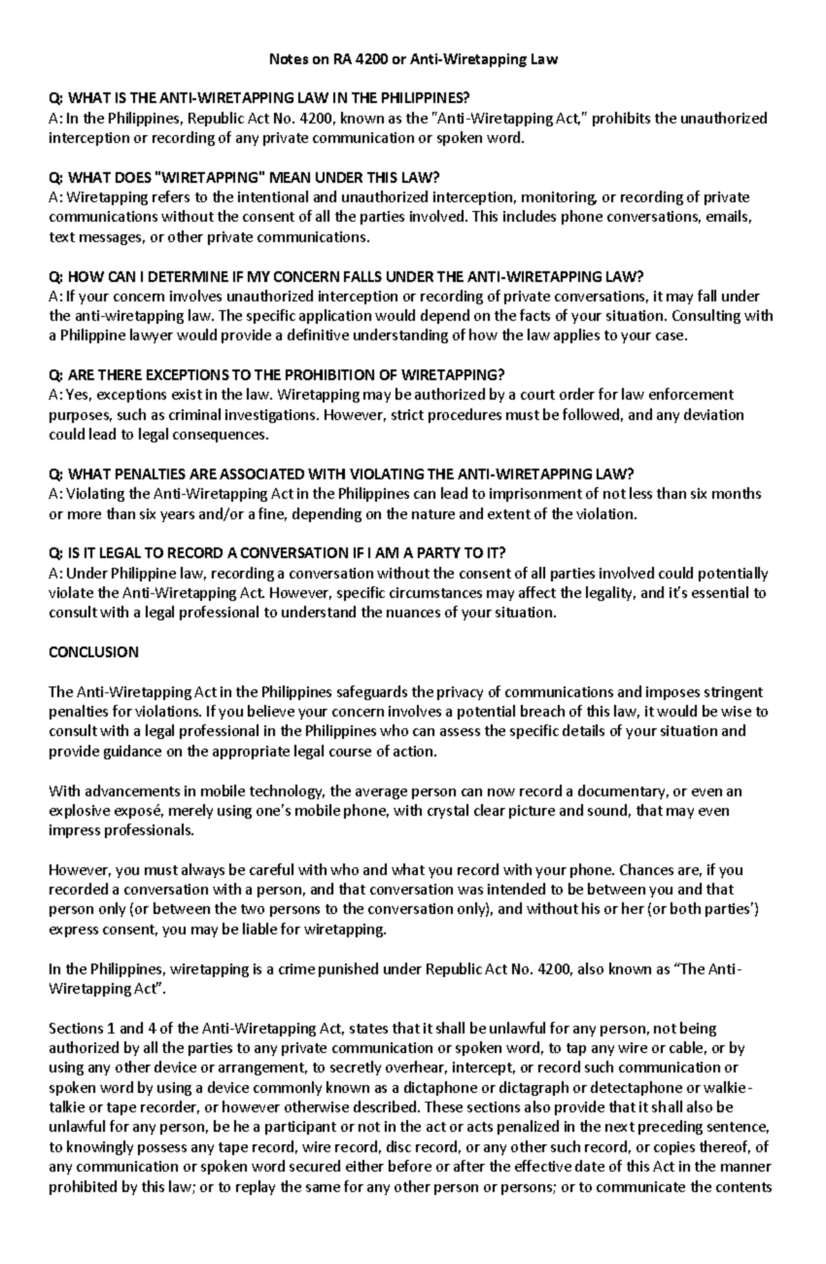 Notes on RA 4200 - Module - Notes on RA 4200 or Anti-Wiretapping Law Q ...