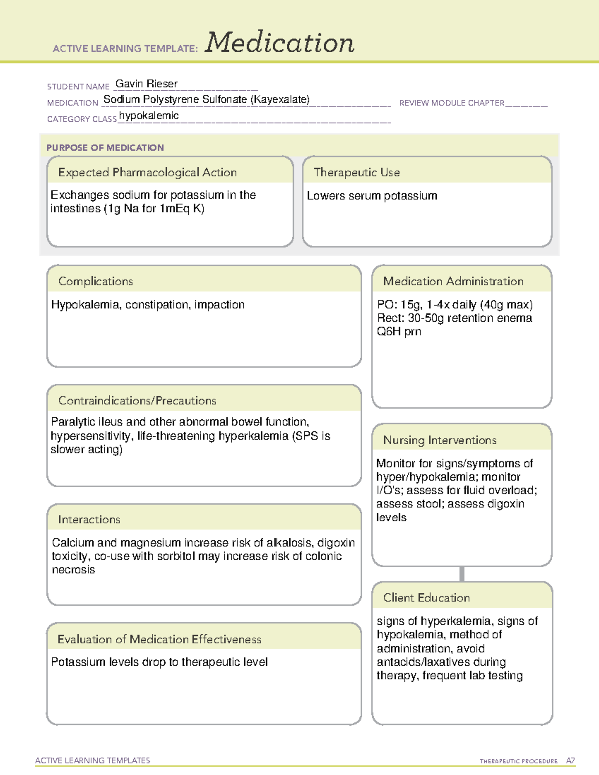 ATI Medications: Sodium Polystyrene (Kayexalate) Active Learning ...