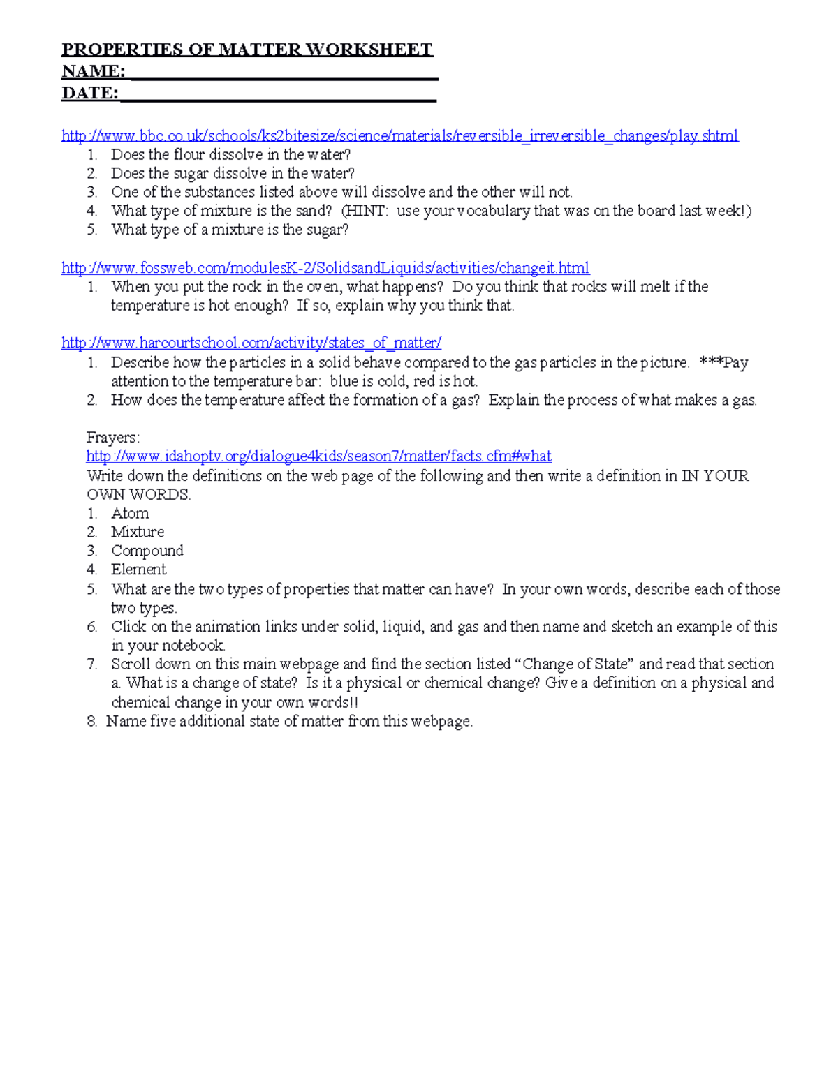 Properties of Matter Worksheet: Exploring Mixtures and Changes - Studocu
