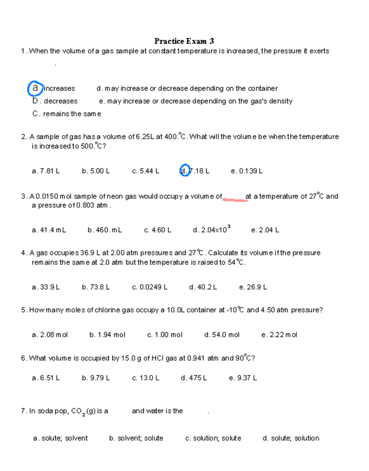 Practice Exam 3: Gas Laws and Solutions (CHEM 101) - Practice Exam 3 1 ...
