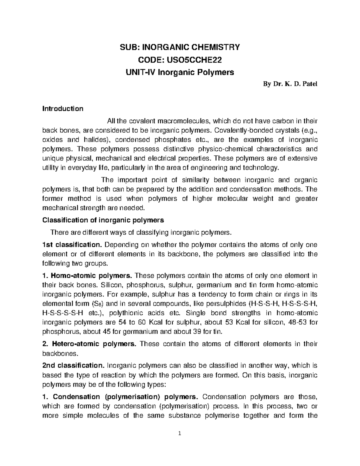 Unit-IV Inorganic Polymers Overview and Classification (Sem-V, USO5CCHE ...