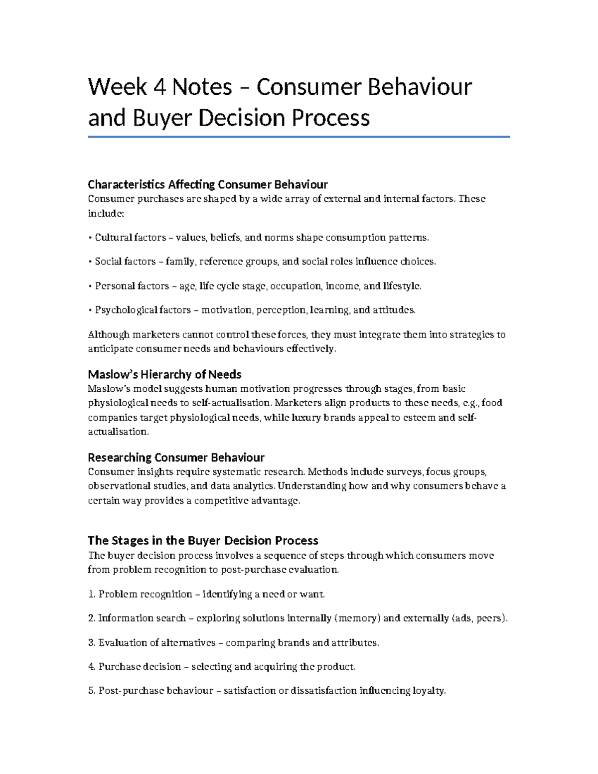 Week 4 Notes: Consumer Behaviour & Buyer Decision Process Insights ...