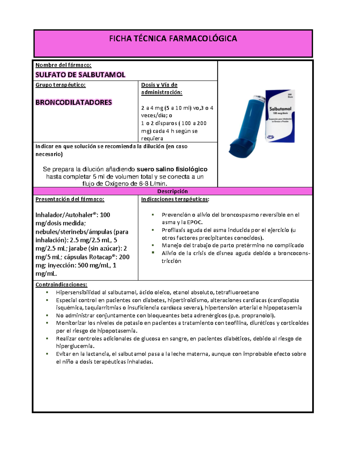 Broncodilatadores - Nombre del fármaco: SULFATO DE SALBUTAMOL Grupo ...