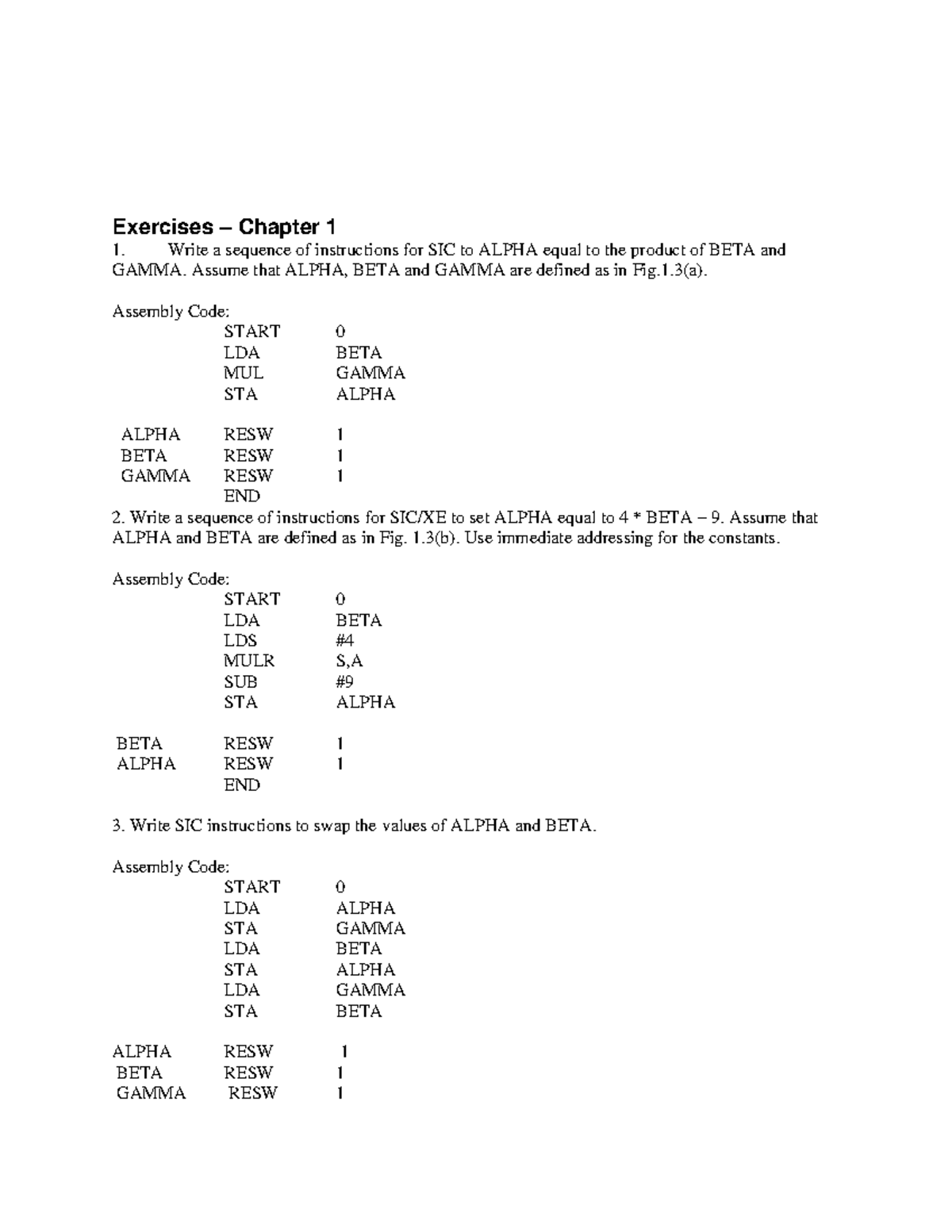 SIC-ICXE Programming Exercises - Question Bank with Solutions - Studocu