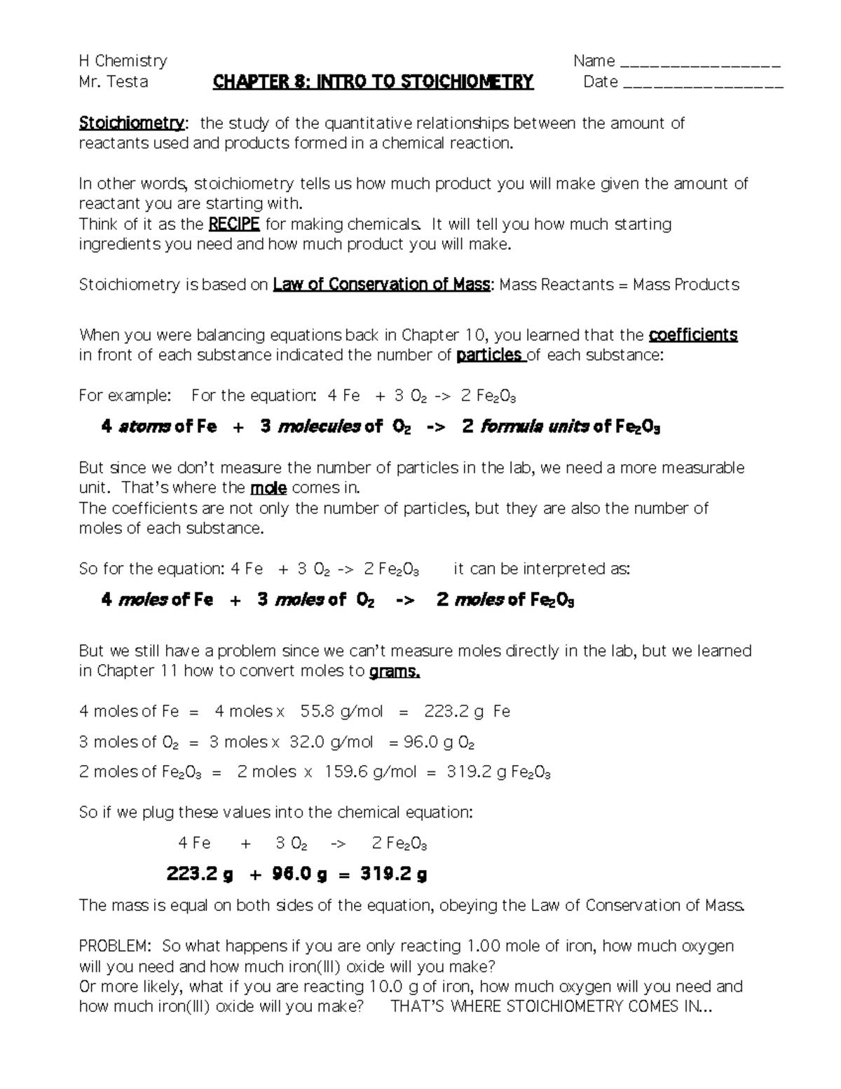 H Chemistry Mr. Testa CHAPTER 8: Intro to Stoichiometry Notes - Studocu