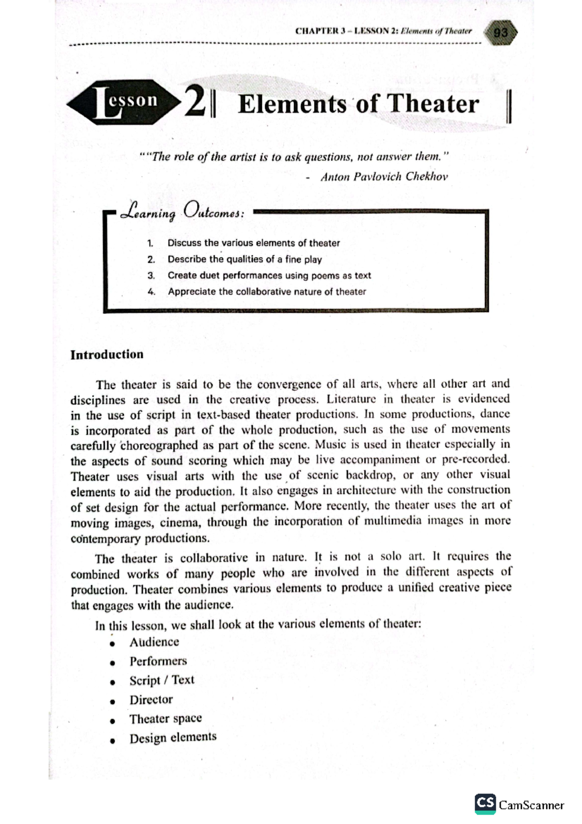 CS 103: Elements of Theater - Key Concepts and Overview - Studocu