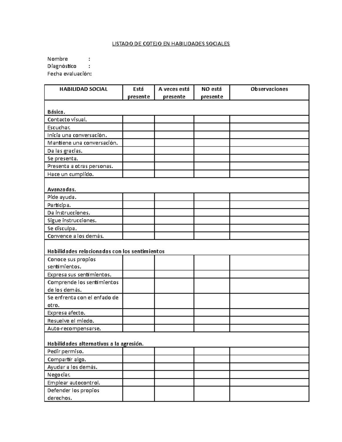 Listado de Cotejo en Habilidades Sociales para Evaluación - Studocu