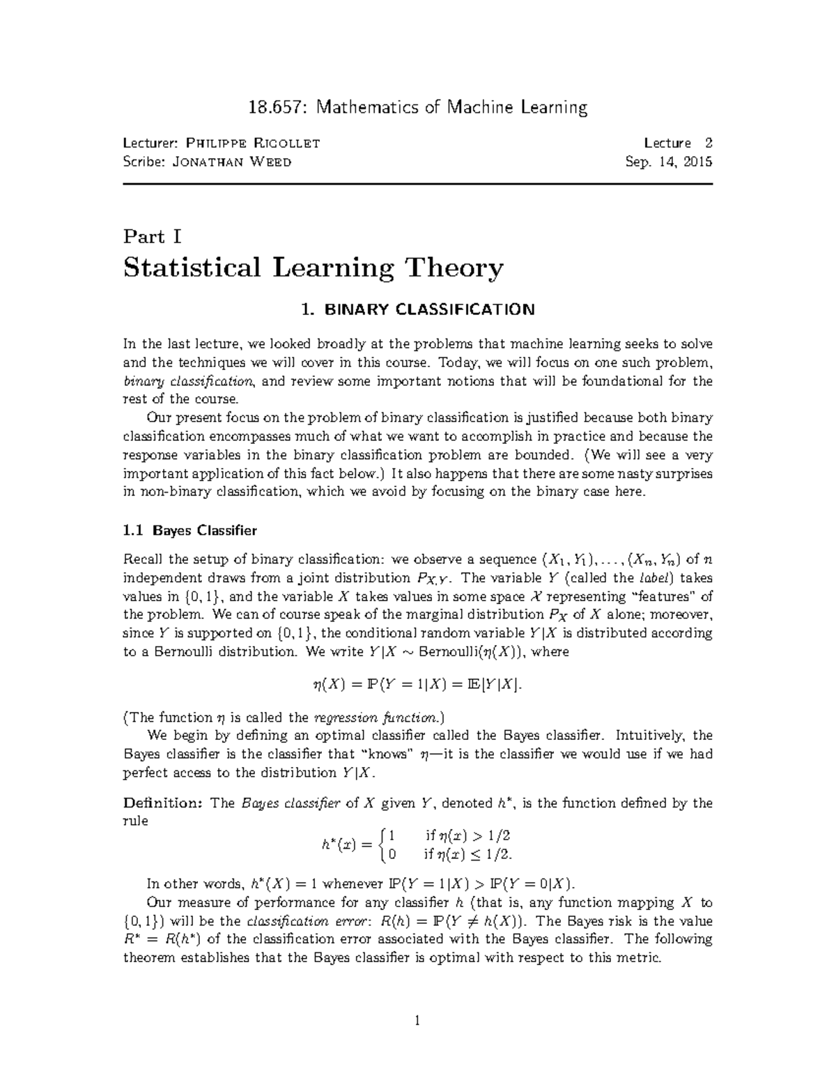 18.657: Lecture 2 Notes on Binary Classification in ML - Studocu