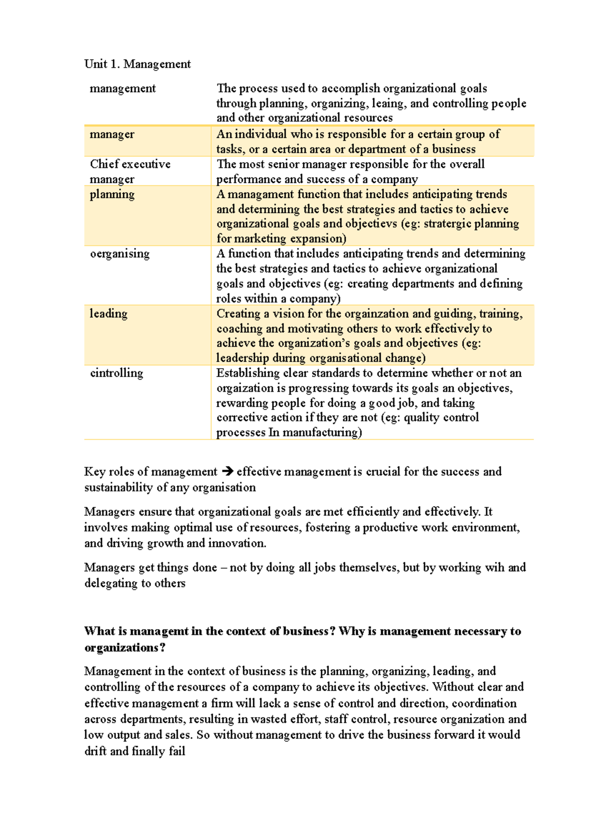 Unit 1: Management Concepts and Key Terms Overview - Studocu