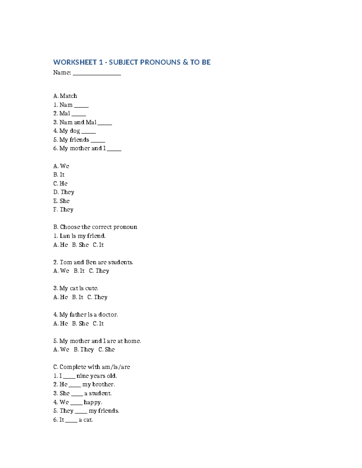 Worksheet 1: Subject Pronouns - To Be Exercises - Studocu