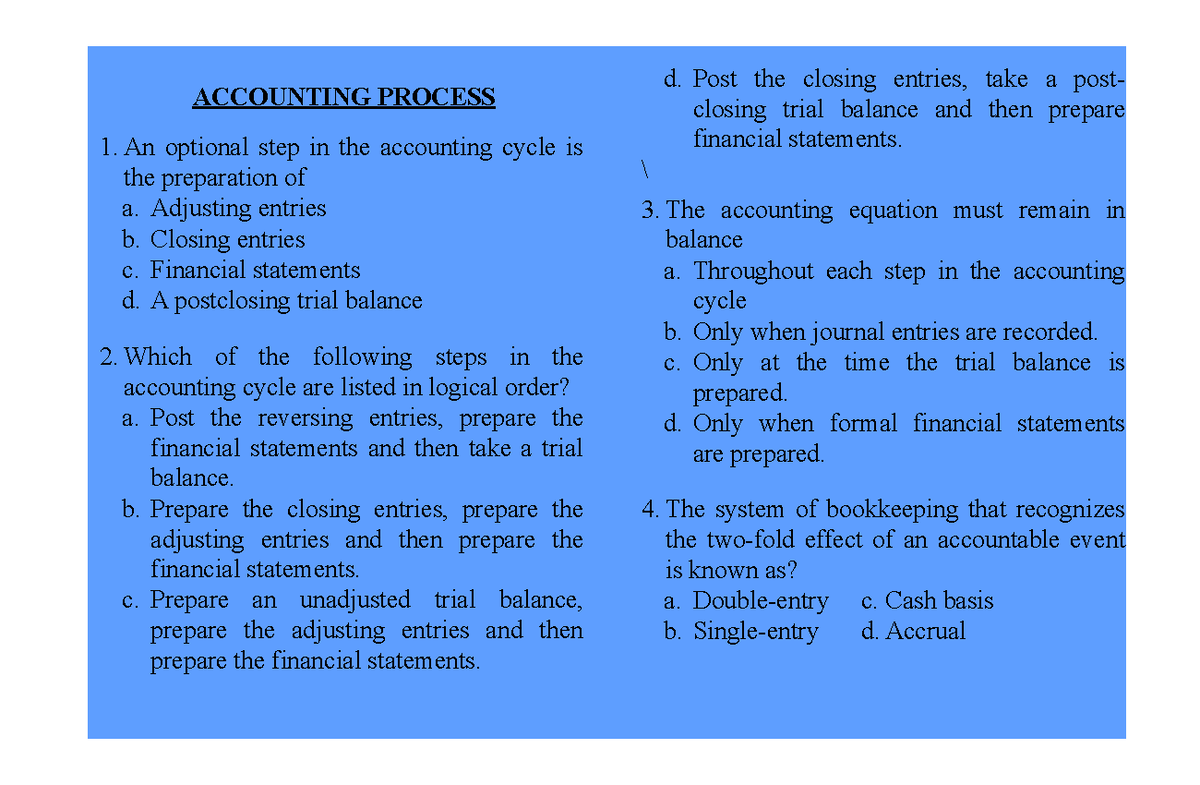 Accounting Process Sample QUIZ - ACCOUNTING PROCESS An optional step in ...
