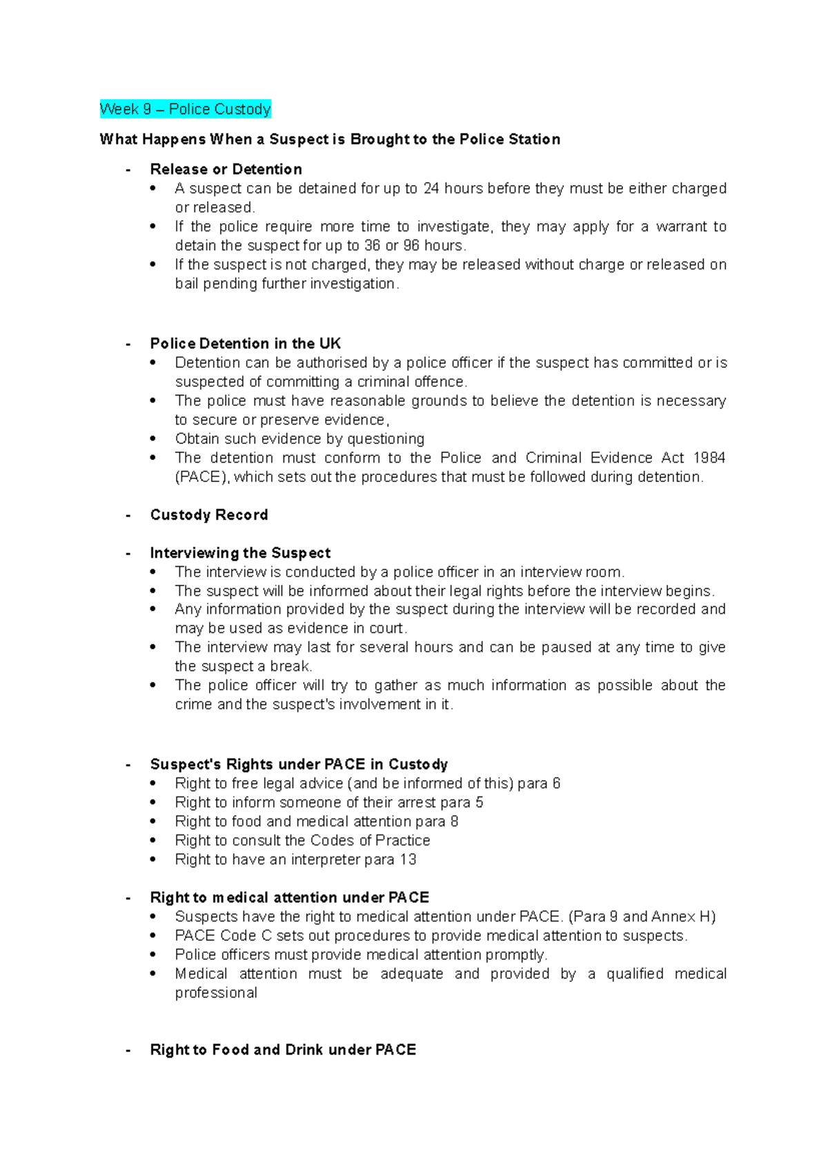 Week 9 - PACE: Understanding Police Custody Procedures - Studocu