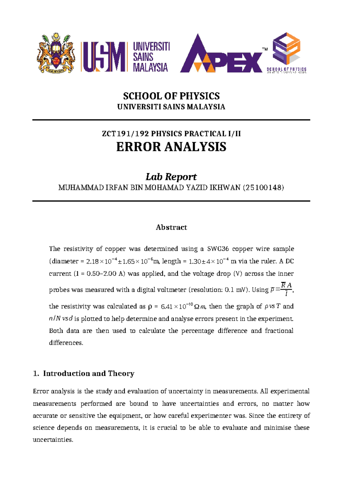 ERR Error Analysis Lab Report for Physics Practical (PHYS 25100148 ...