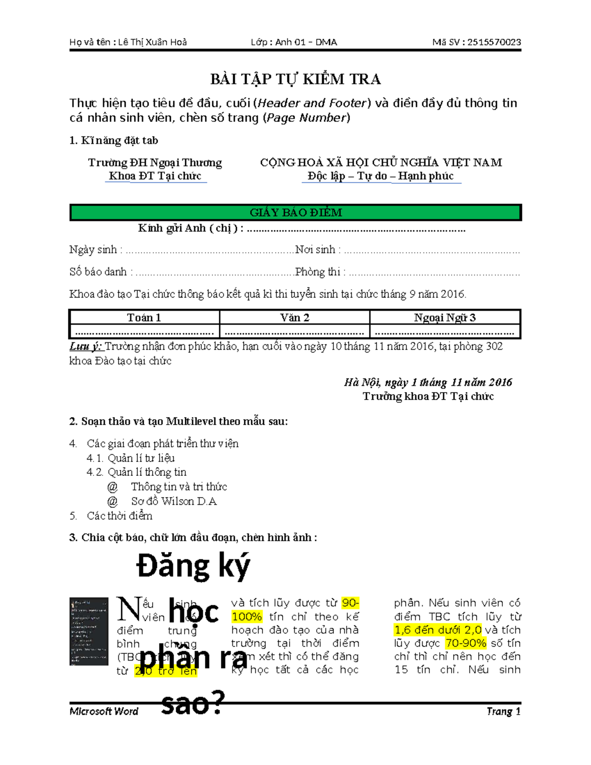 Bài Tập Kiểm Tra MS Word - Lớp Anh 01 DMA - Studocu