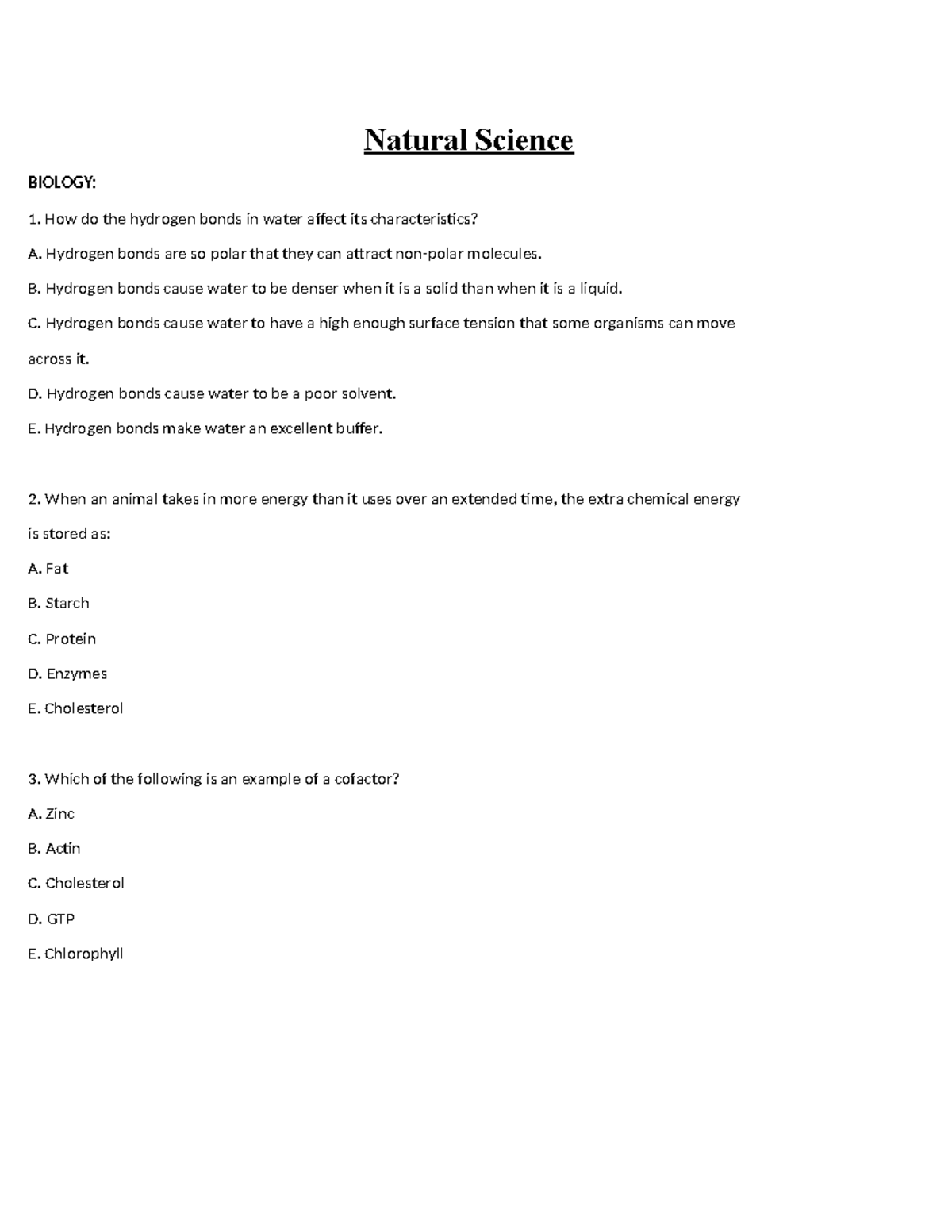 Natural Science Practice Questions #1-40 - Natural Science BIOLOGY: How ...