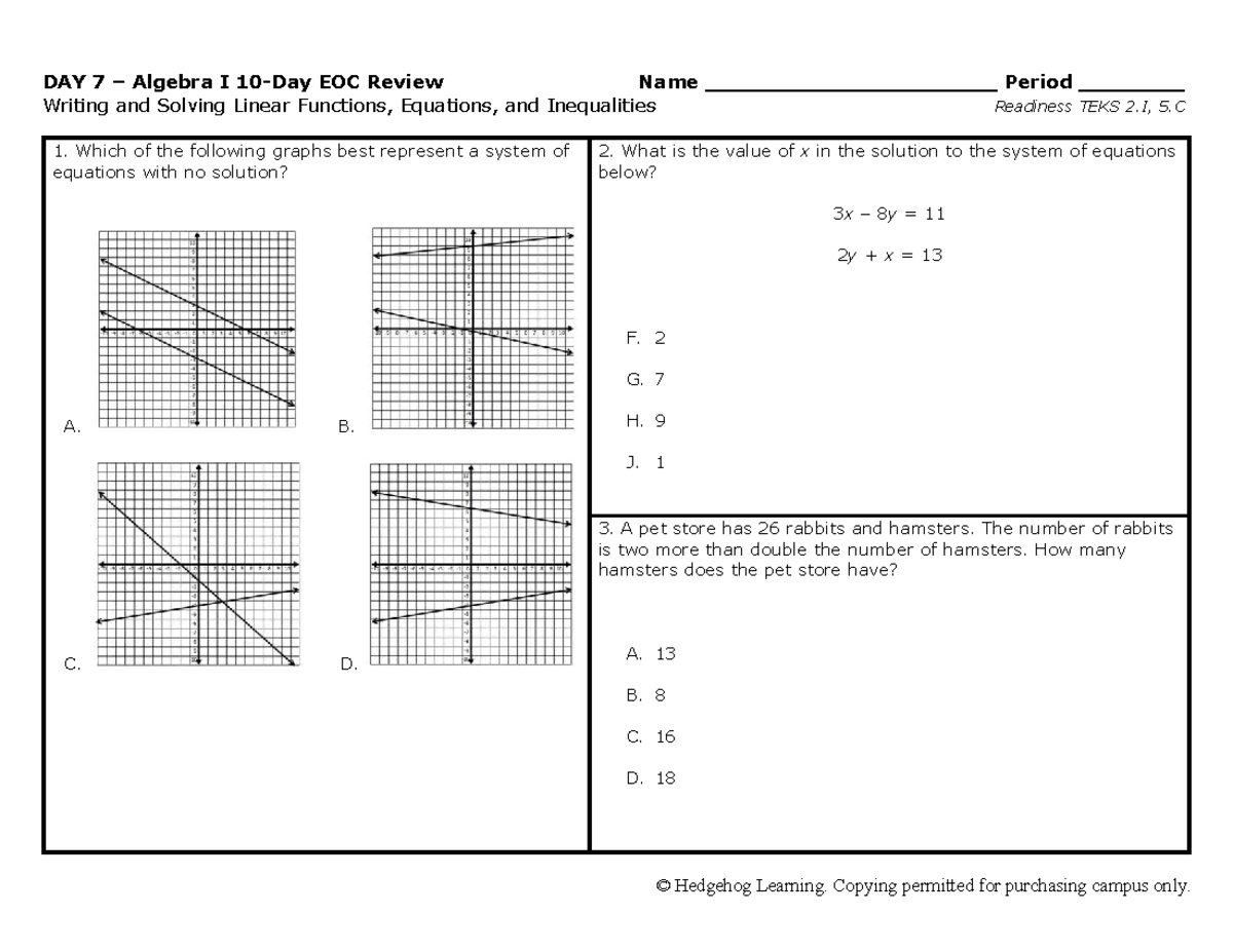 Algebra I EOC Review - Day 7: Writing & Solving Linear Functions - Studocu