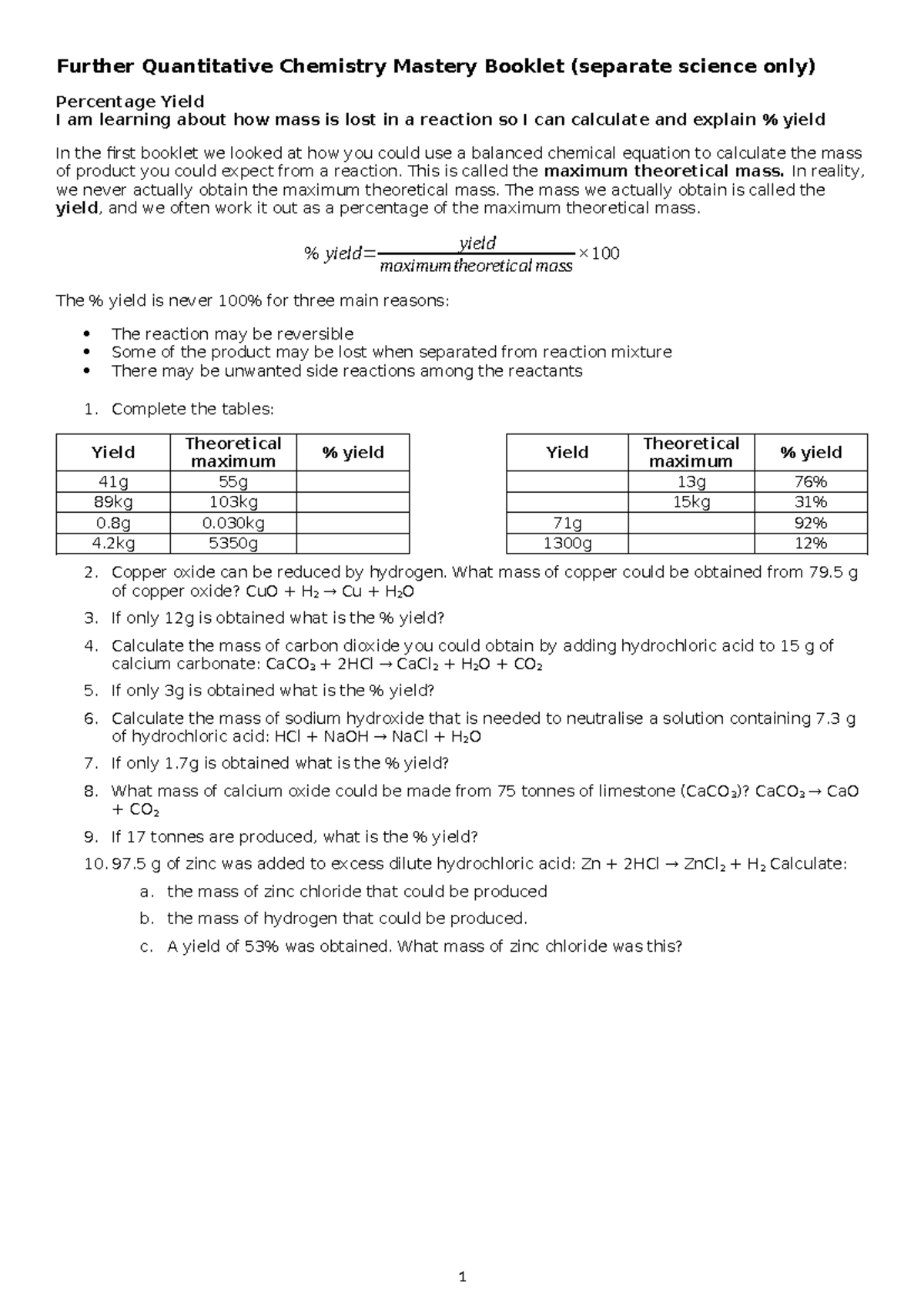 C3 Further Quantitative Chemistry Booklet: Percentage Yield & Atom ...
