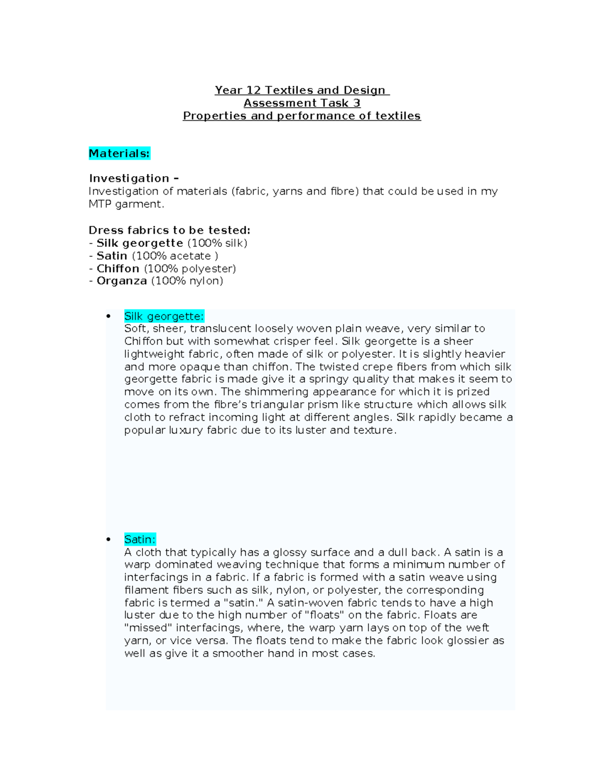 Year 12 Textiles & Design Assessment Task 3: Textile Properties ...