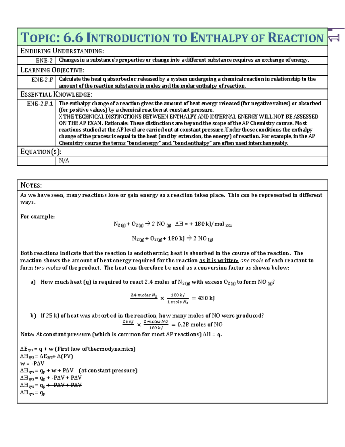 AP Chemistry 6.6: Introduction to Enthalpy of Reaction Notes - Studocu