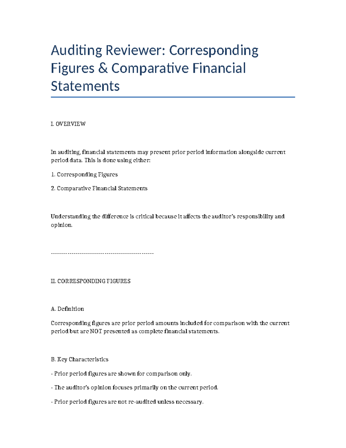 Auditing Reviewer: Corresponding vs Comparative FS Overview - Studocu