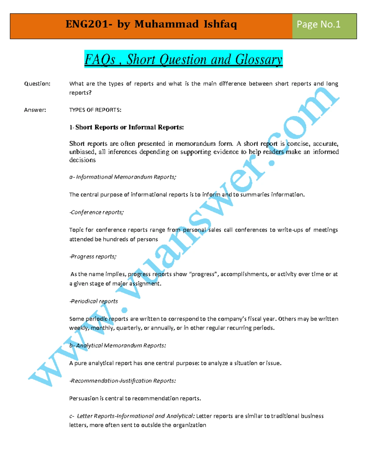 ENG 201 SELF Notes - ENG 201 ` LECTURE 1 SHORT ANSWERS QUESTIONS ...