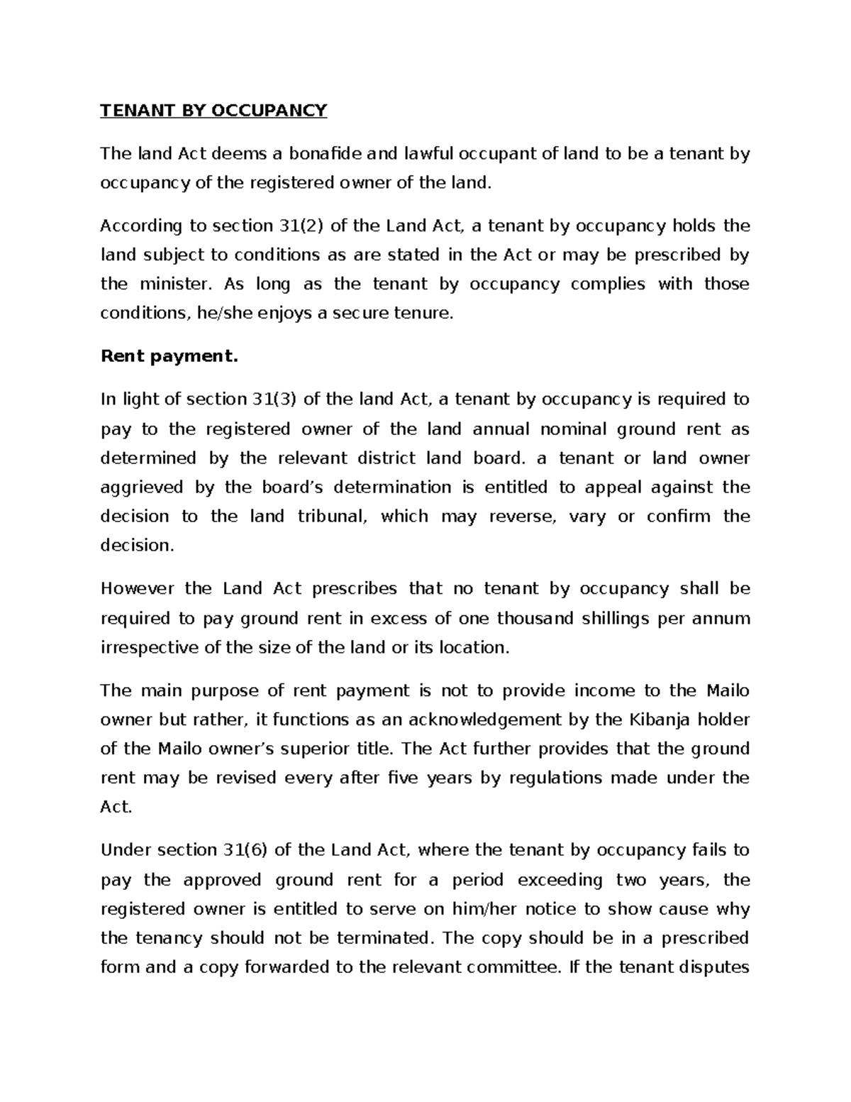 Tenant By Occupancy - Comprehensive Reading Material for Land Act - Studocu