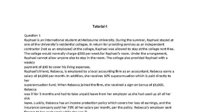 Tax Law Tutorial 4: Assessable Income for Raphael & Rebecca - Studocu