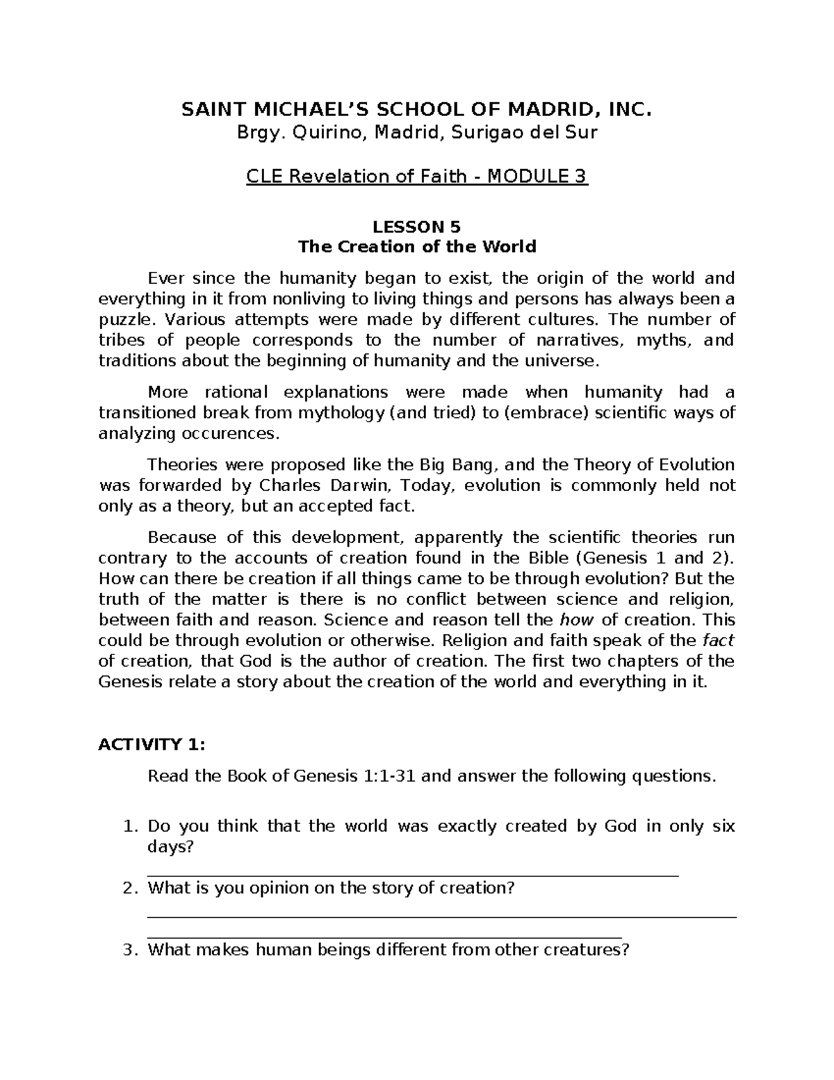 CLE Revelation of Faith - Module 3: The Creation of the World Lesson ...