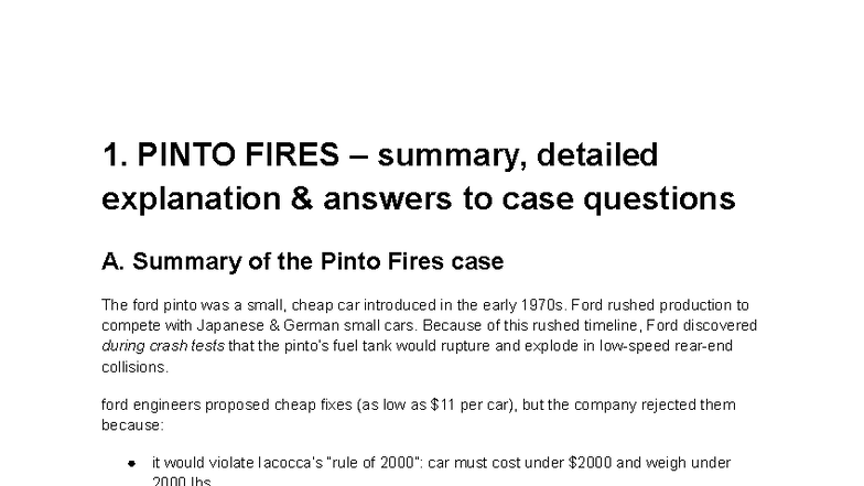 GMGT Case - case study - 1. PINTO FIRES – summary, detailed explanation ...
