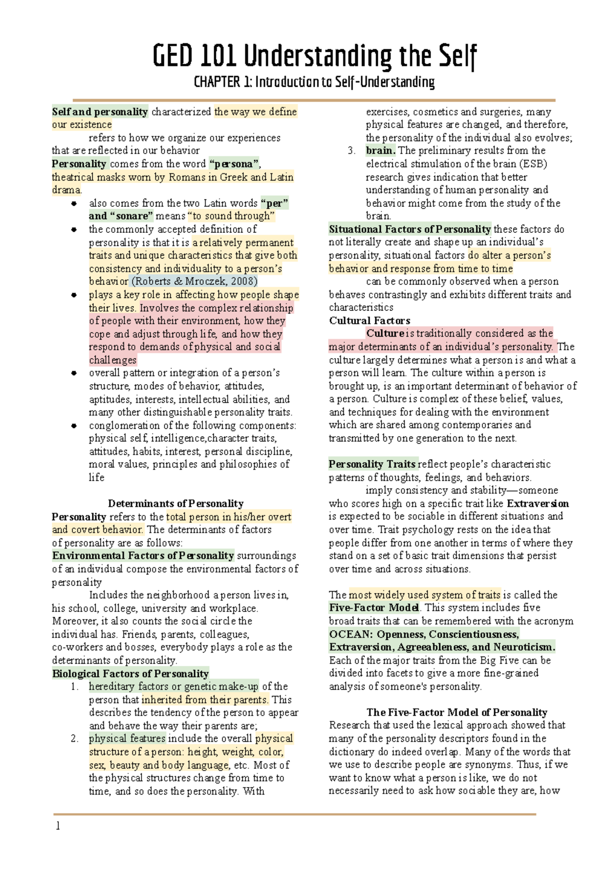GED 101 Understanding the Self: Chapter 1 - Introduction to Personality - Studocu