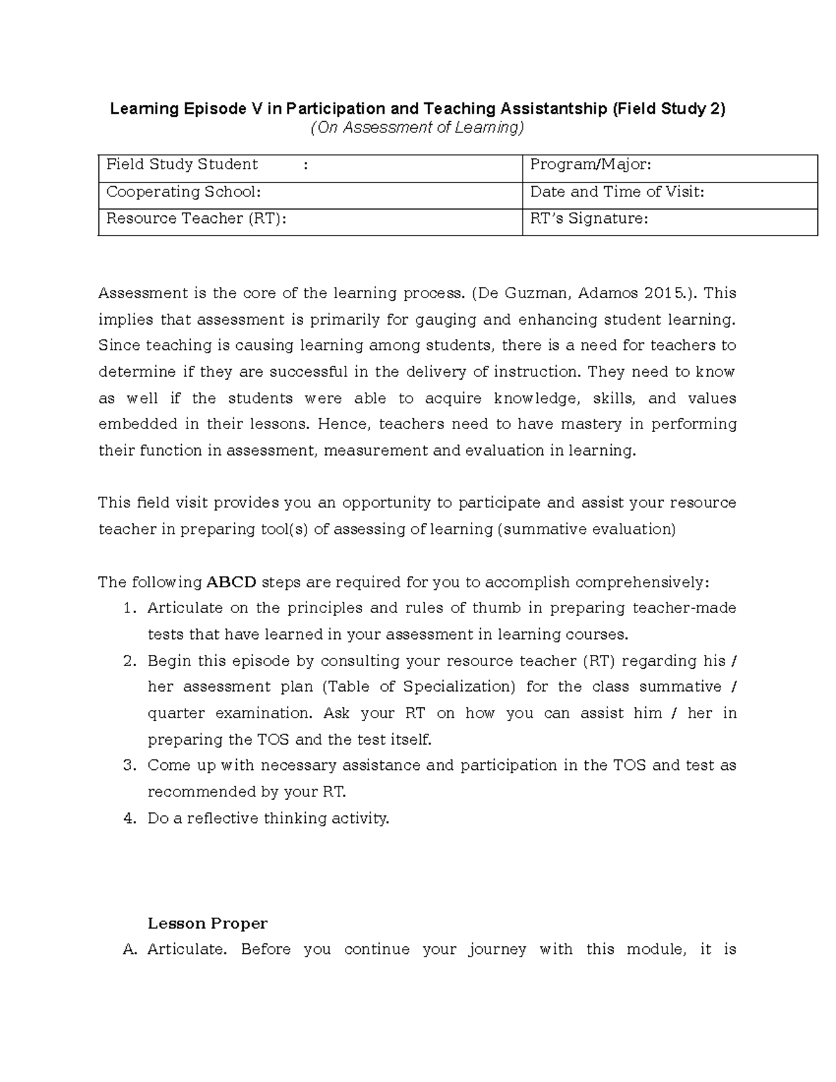 Learning Module V: Assessment in Teaching Assistantship (FS2) - Studocu