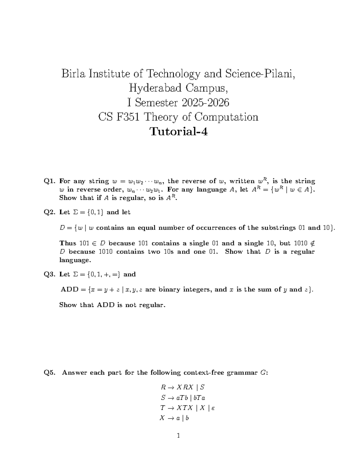 TOC 2025: I Sem CS F351 Theory of Computation Tutorial 4 - Studocu