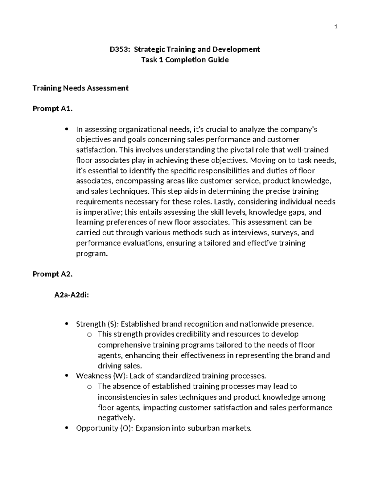 D353 Task 1 Victoria Elizondo - 1 D353: Strategic Training and ...