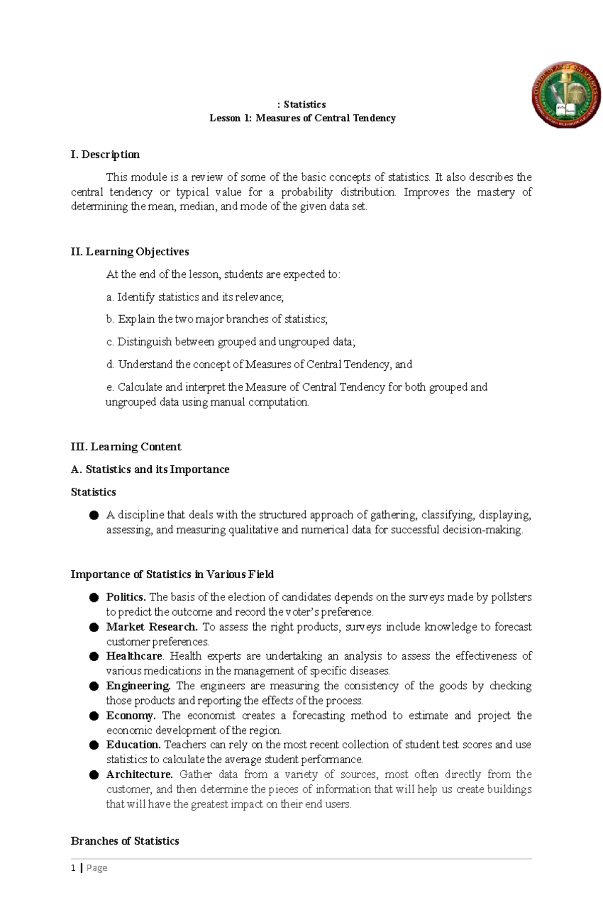 Module 4.1 - Intro to Stats & Measures of Central Tendency - Studocu