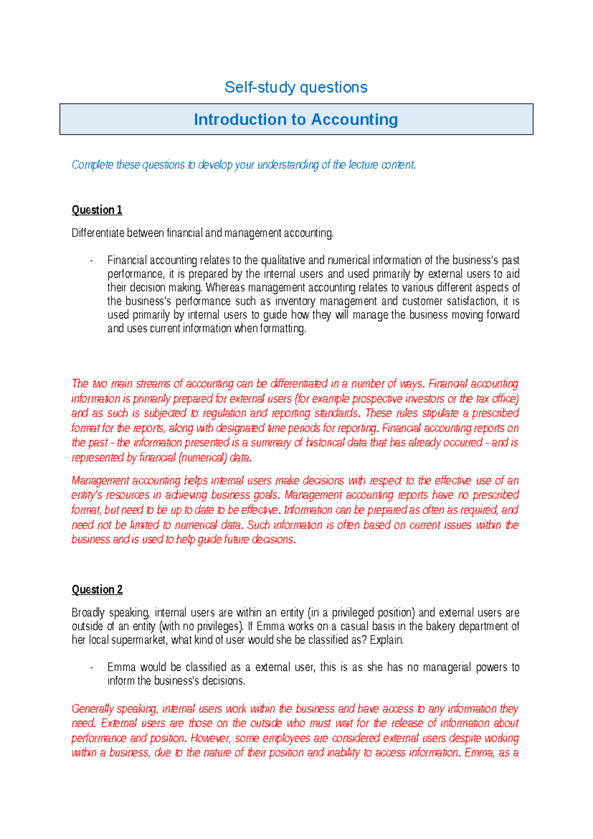 Introduction to Accounting: Topic 1 Self-Study Questions - Studocu
