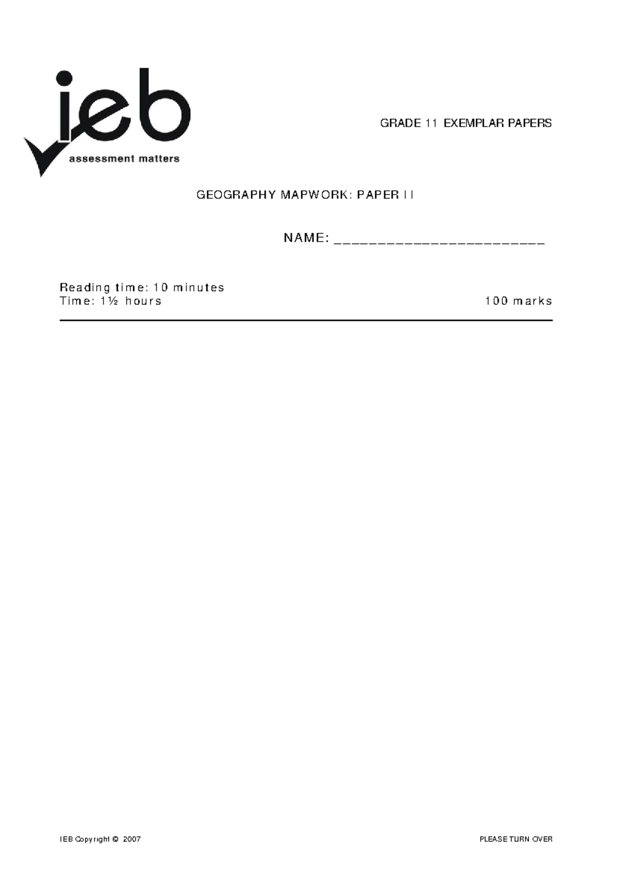 Grade 11 Geography Mapwork Exam P2 - IEB Exemplar Paper - Studocu